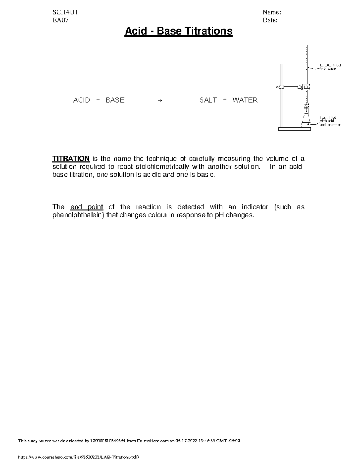 LAB - LAB WORK - SCH4U1 Name: EA07 Date: Acid - Base Titrations ACID ...