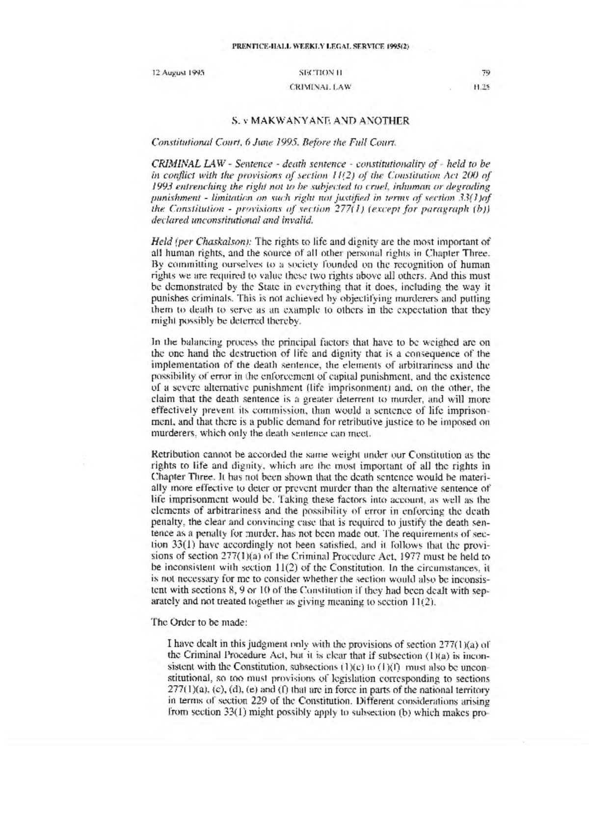 S v Makwanyane 1995 (2) PH H25 (NAC) - PRENTICE-HALL WEEKLY LEGAL ...