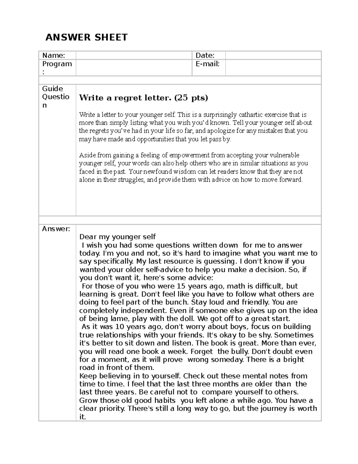 Answer Shee - Learn a lot and gave an idea - ANSWER SHEET Name: Date ...