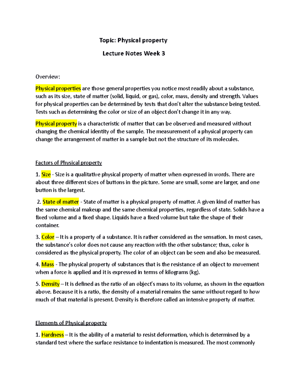 All about physical property - Topic: Physical property Lecture Notes ...