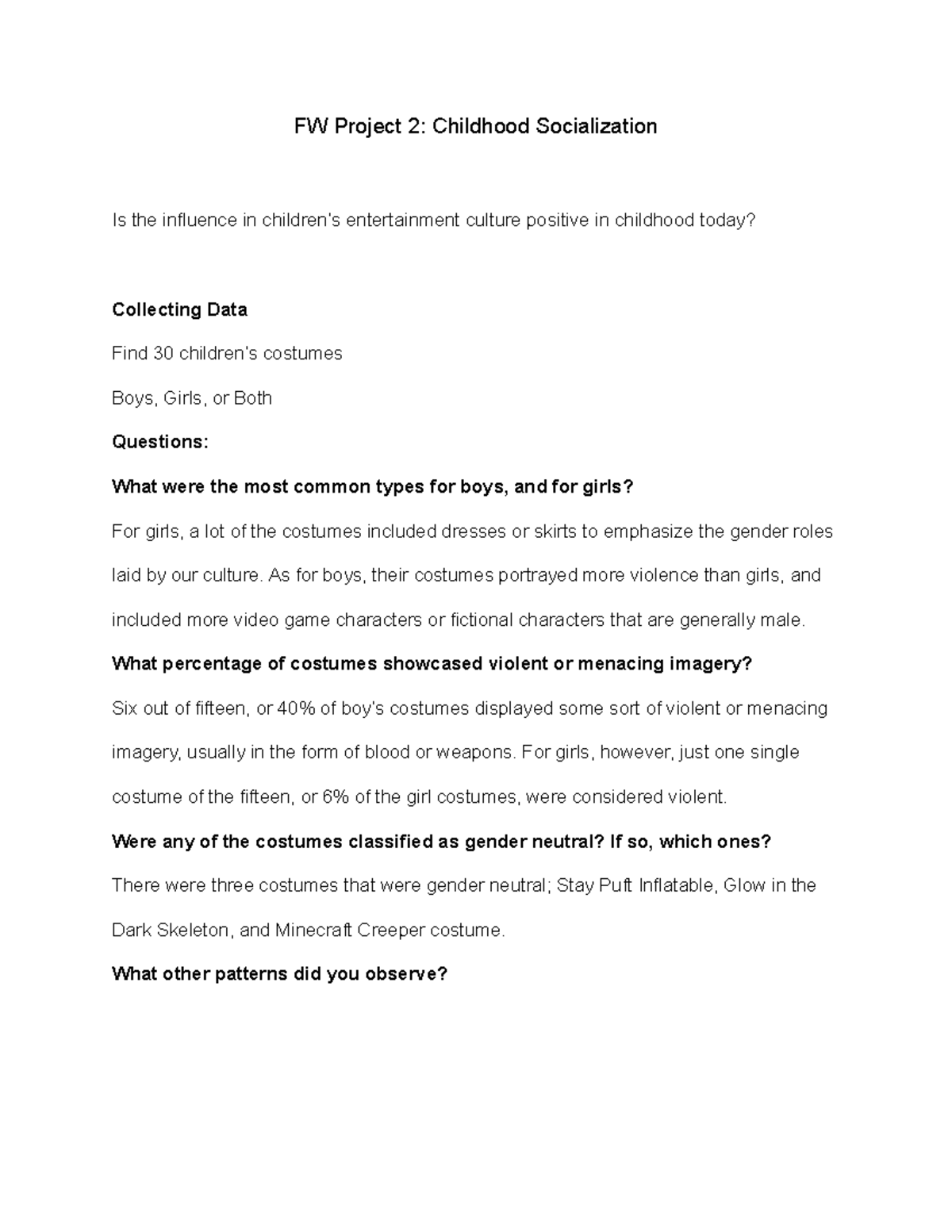 Fieldwork Project #2 Childhood Socialization - FW Project 2: Childhood ...