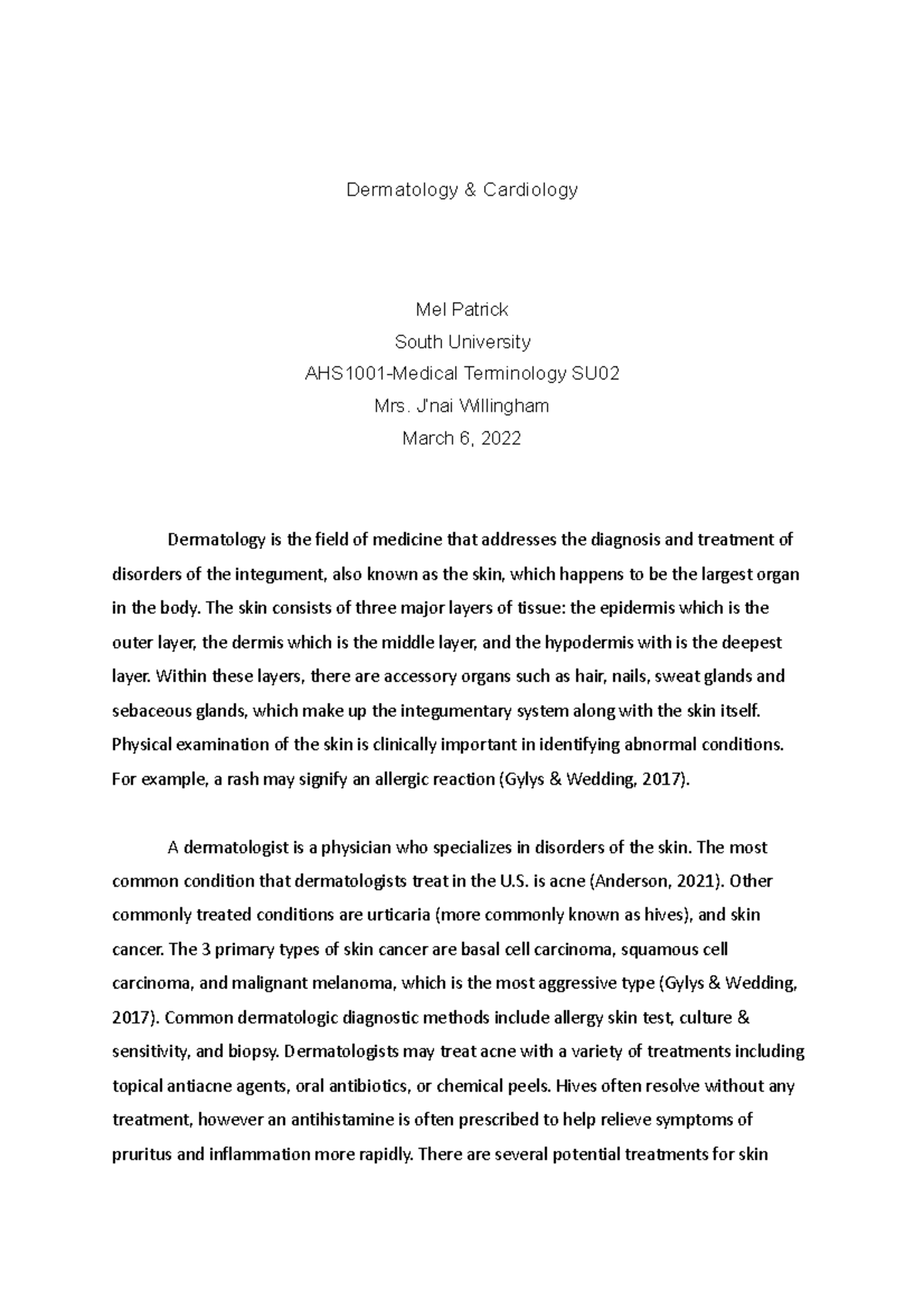 Wk 3 - Project - Medical terminology - Dermatology & Cardiology Mel ...