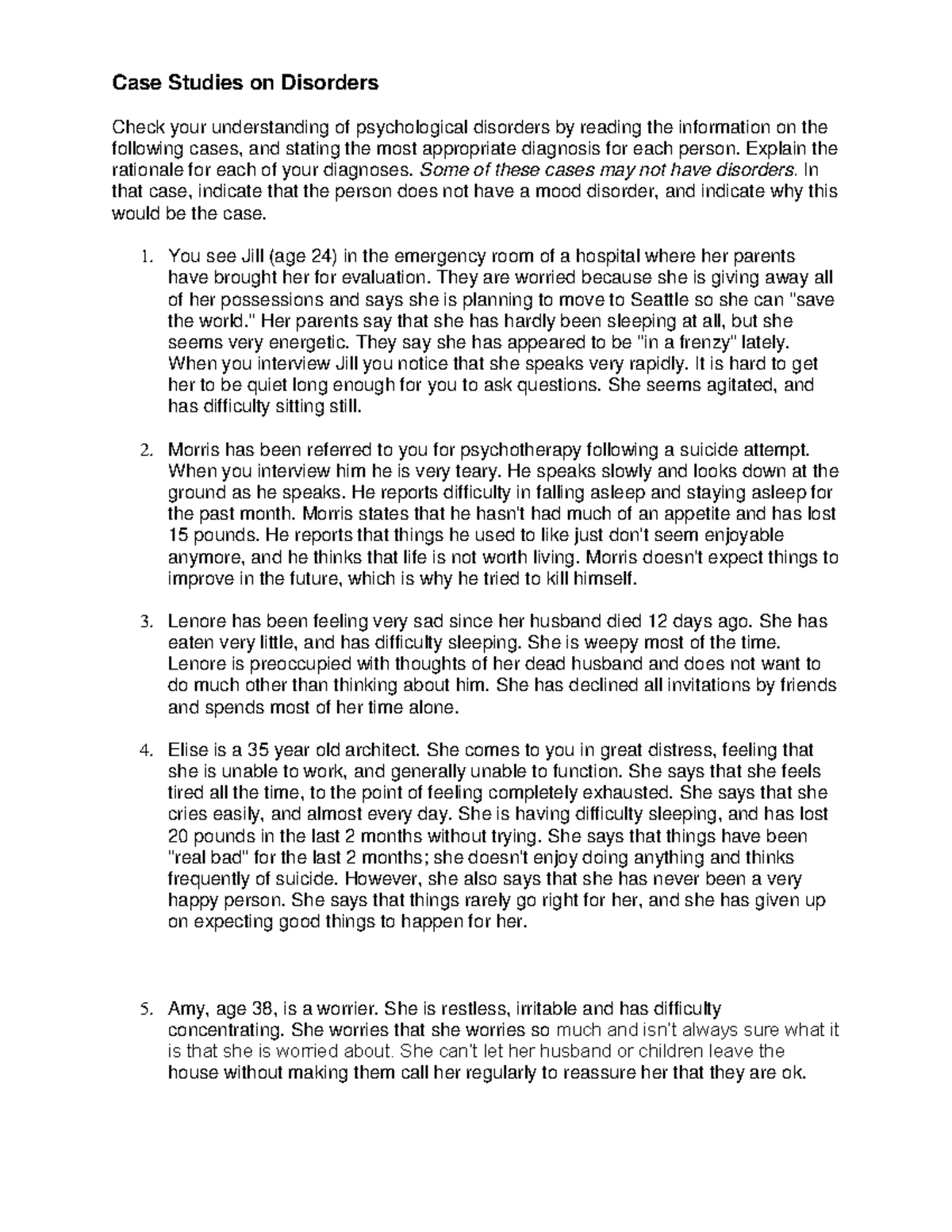 Case Studies on Disorders - Case Studies on Disorders Check your ...