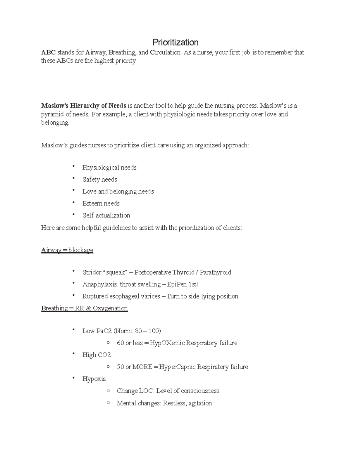 Prioritization - Prioritization ABC stands for Airway, Breathing, and ...