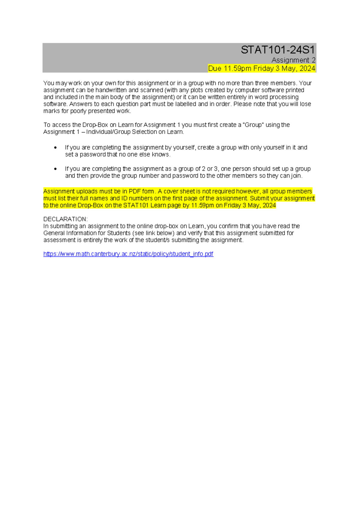 STAT101-24S1 Assignment 2 - Questions - STAT101-24S Assignment 2 Due 11 Friday 3 May, 2024 You ...