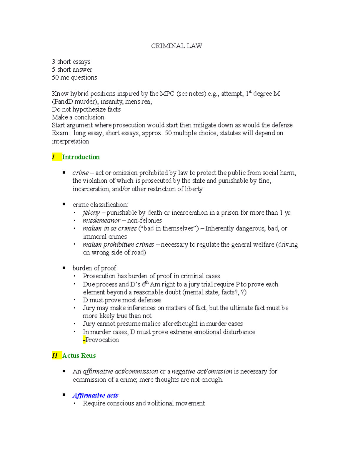 Crim Law- Ridolfi - Criminal Law Outline - CRIMINAL LAW 3 short essays ...