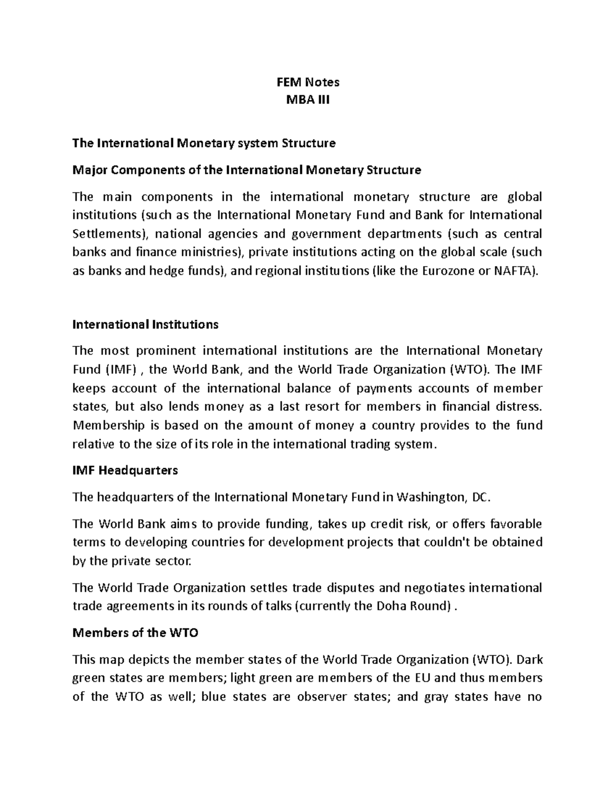 FEM notes - FEM Notes MBA III The International Monetary system ...