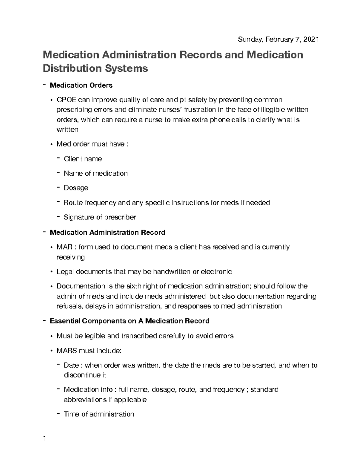 CH 12 Lecture Notes - Medication Administration Records and Medication ...