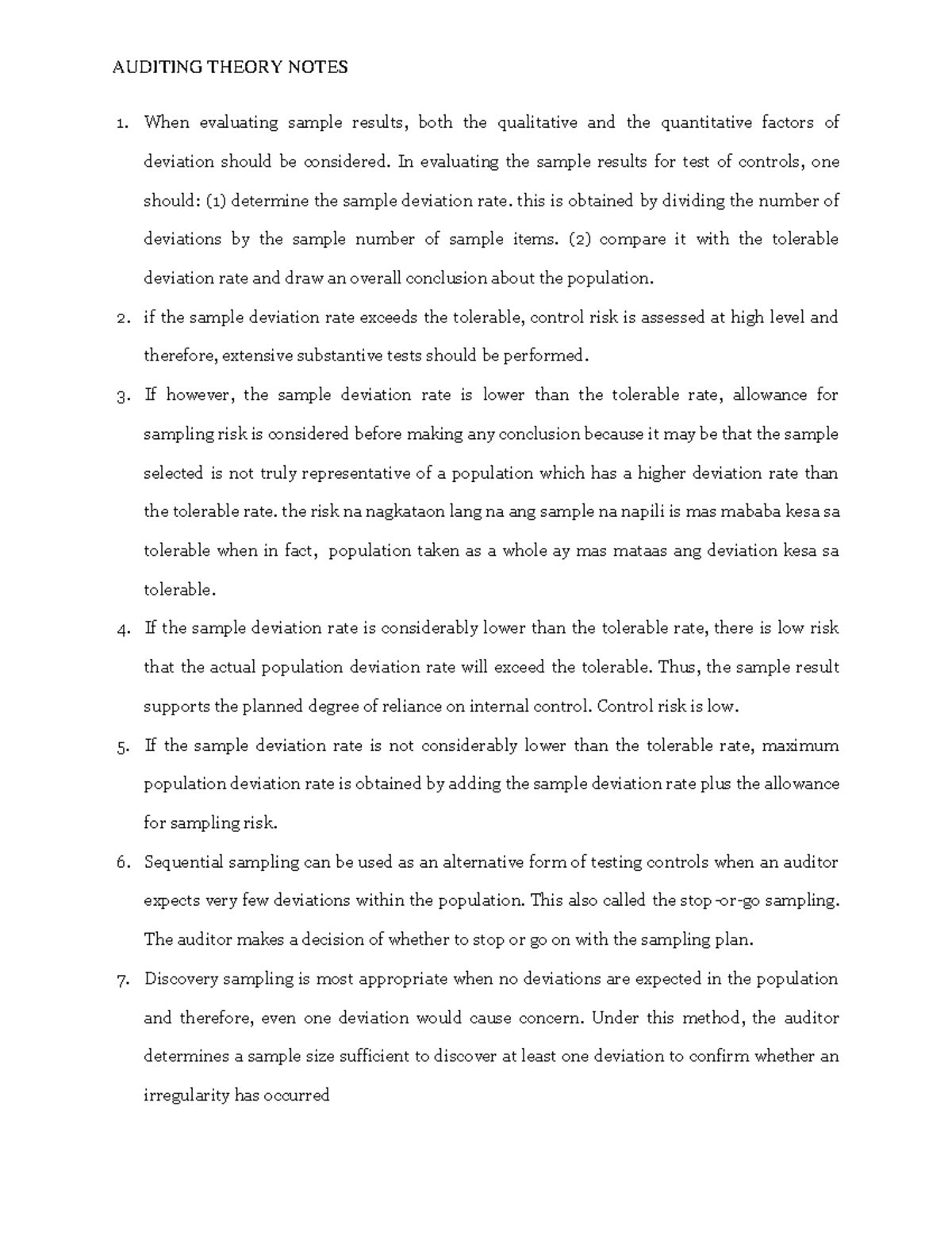 Auditing Notes Part 3 - AUDITING THEORY NOTES When evaluating sample ...
