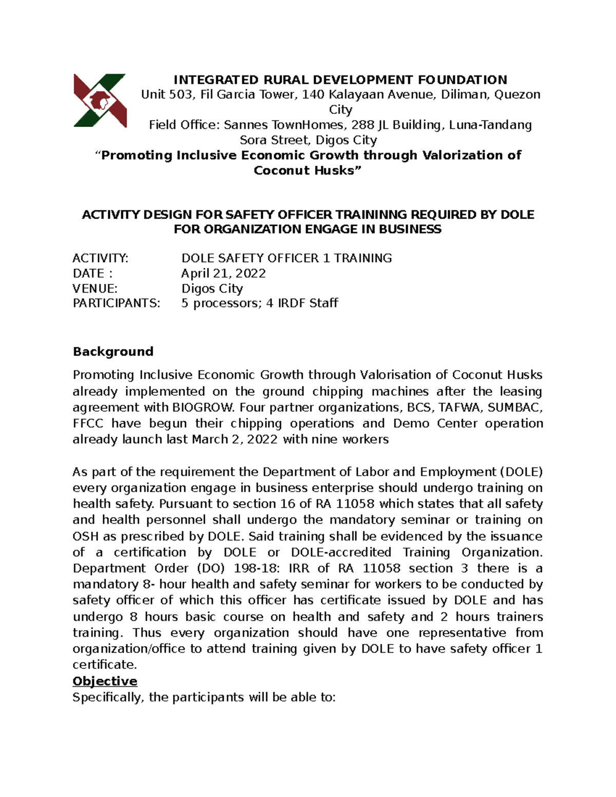 Act Design DOLE Training April 21, 2022 - INTEGRATED RURAL DEVELOPMENT ...