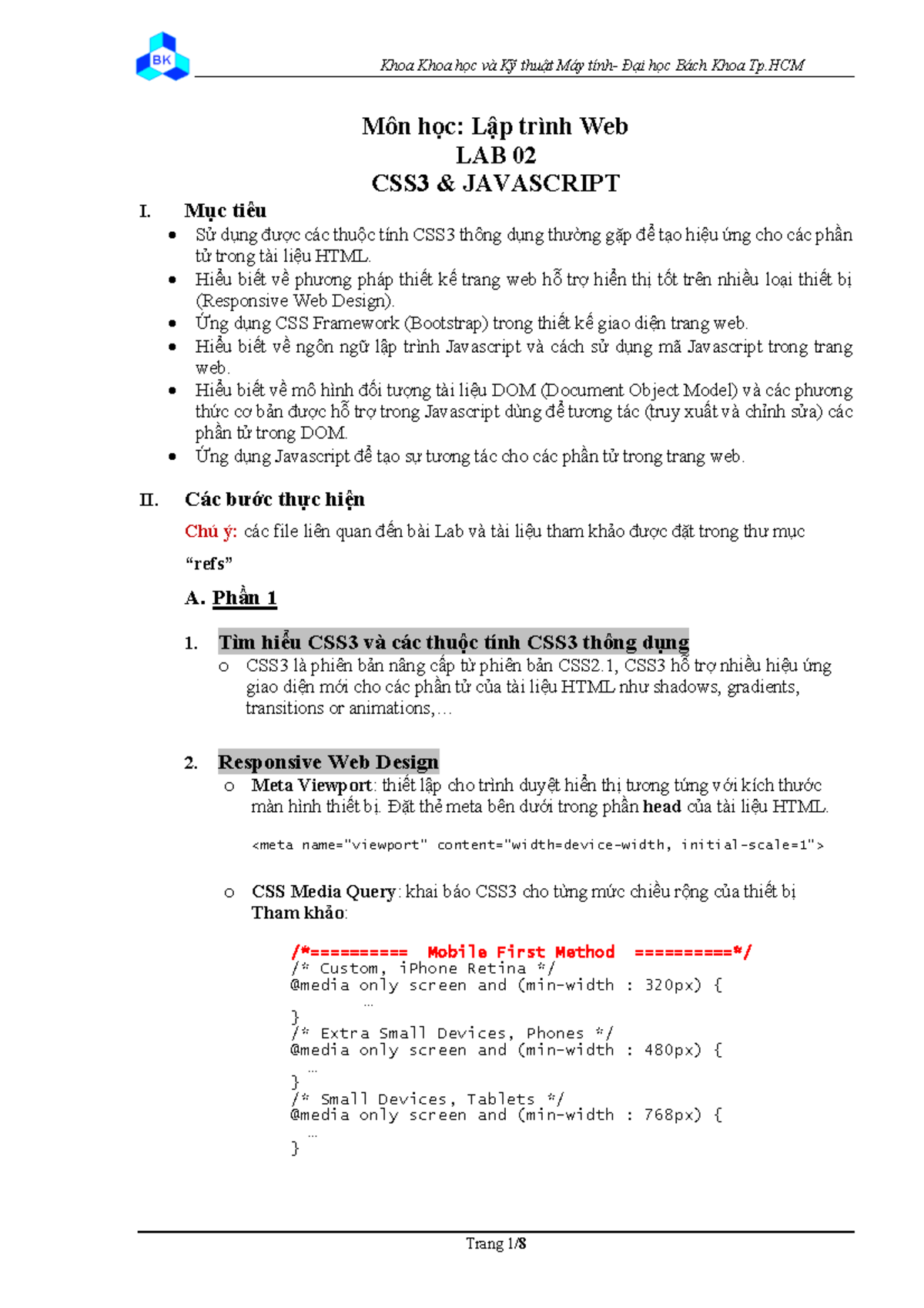 Lab02 - lab - Môn hßc: L¿p trình Web LAB 02 CSS3 & JAVASCRIPT I. Mÿc tiêu Sÿ dÿng ±ÿc các thußc ...