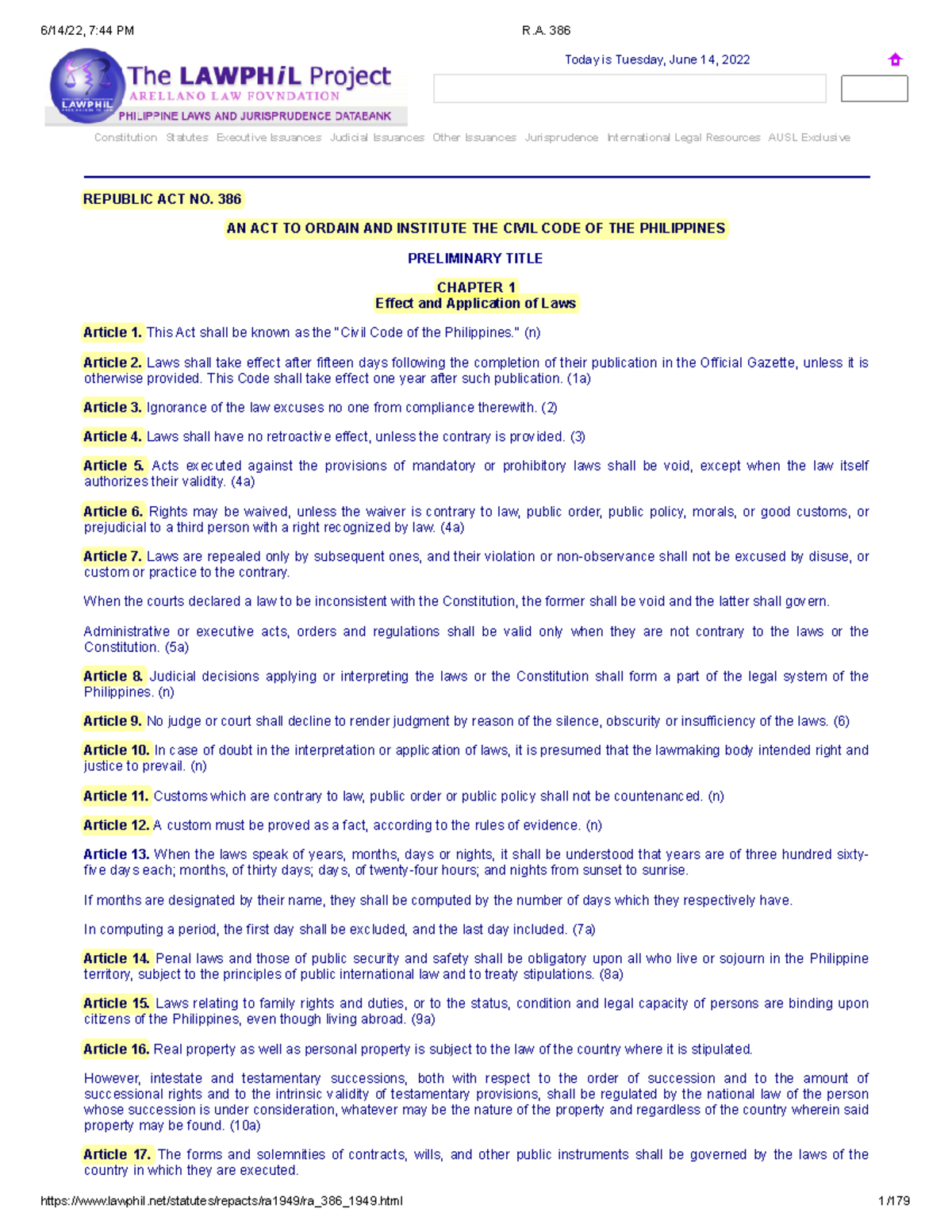 Civil Code of the Philippines - Constitution Statutes Executive ...