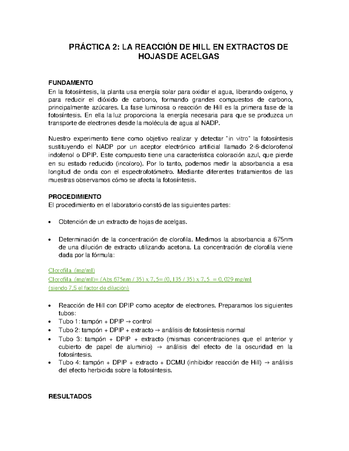 Prácticas Acelgas - PRÁCTICA 2: LA REACCIÓN DE HILL EN EXTRACTOS DE ...