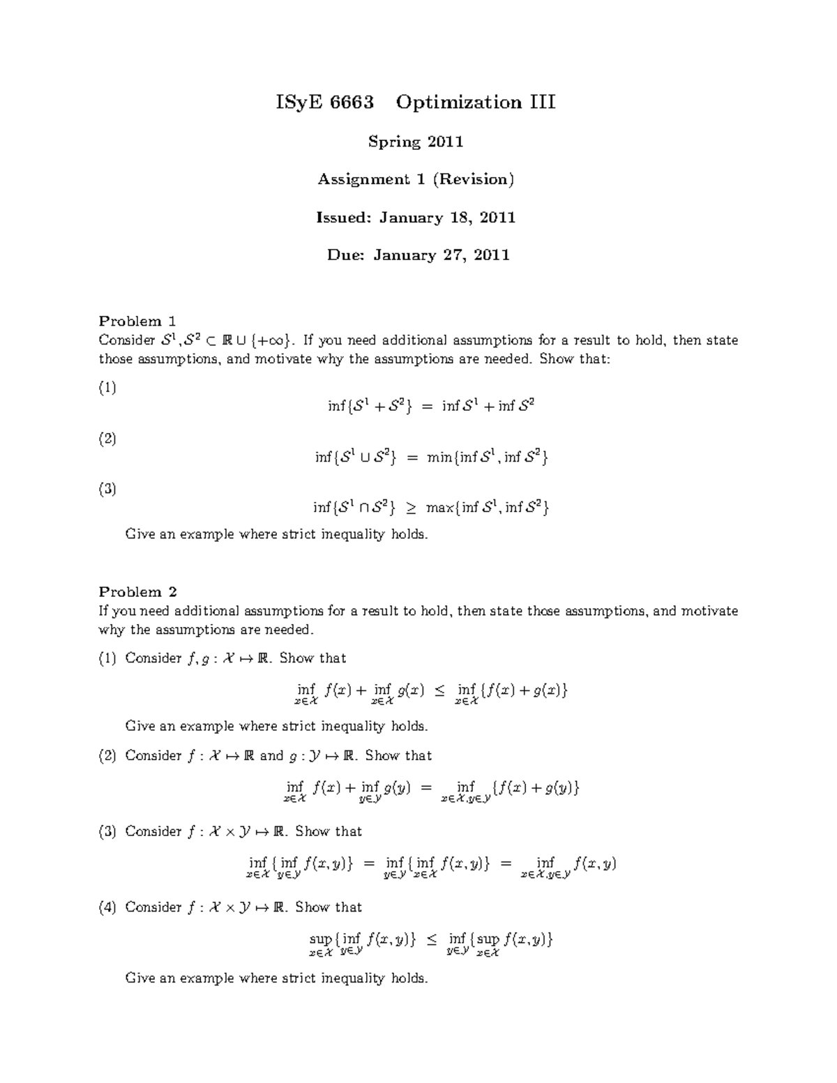Seminar assignments - Assignment 1-7 - ISyE 6663 Optimization III Spring 2011 Assignment 1 - Studocu