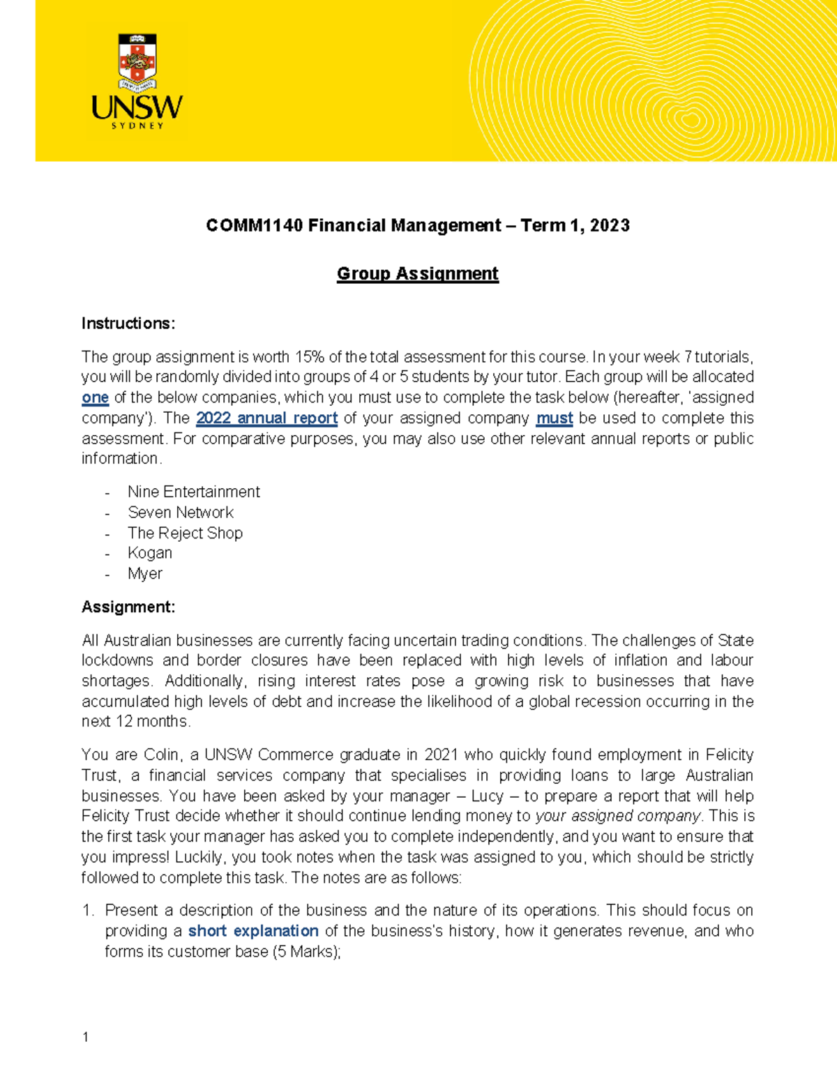 Assignment Instructions - COMM1140 Financial Management – Term 1, 2023 ...