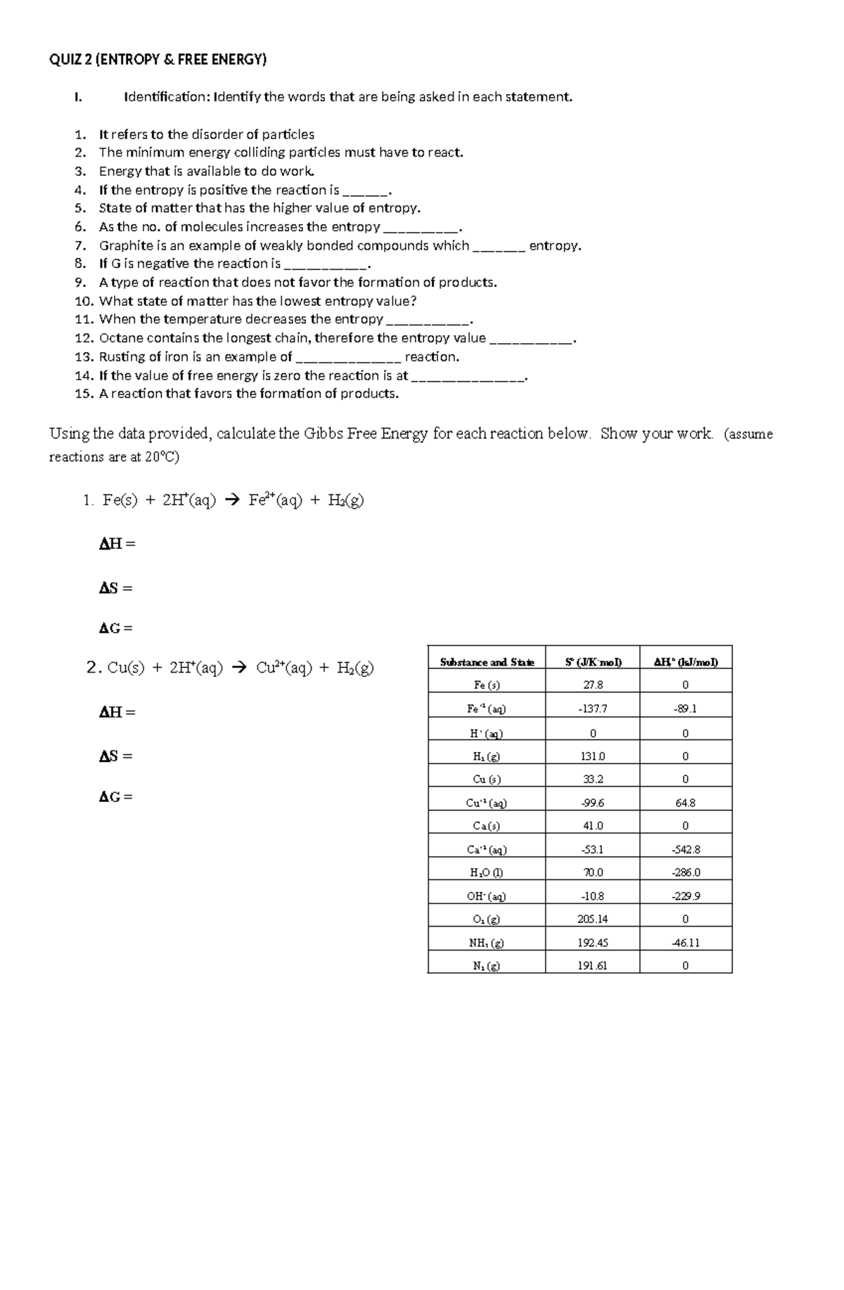 QUIZ-2 entropyfree-energy - QUIZ 2 (ENTROPY & FREE ENERGY) I ...