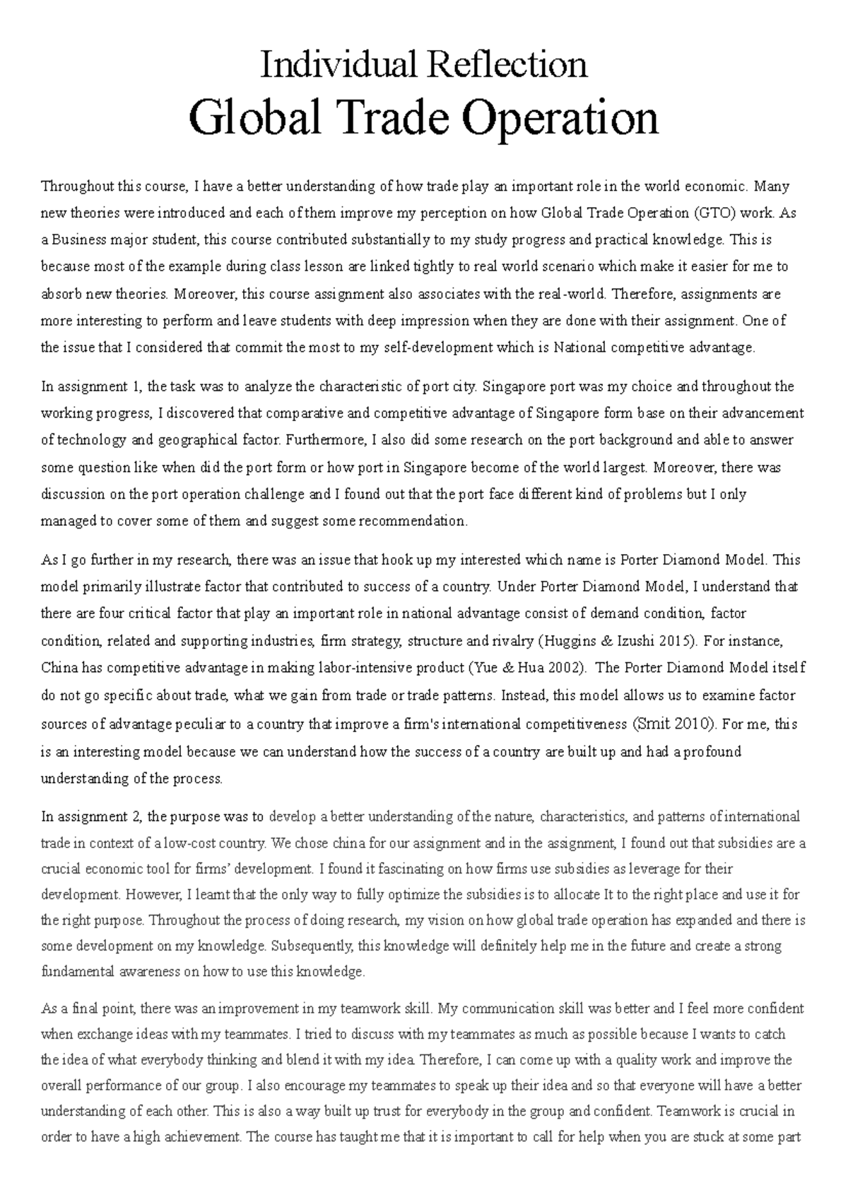 Individual Reflection - Individual Reflection Global Trade Operation ...