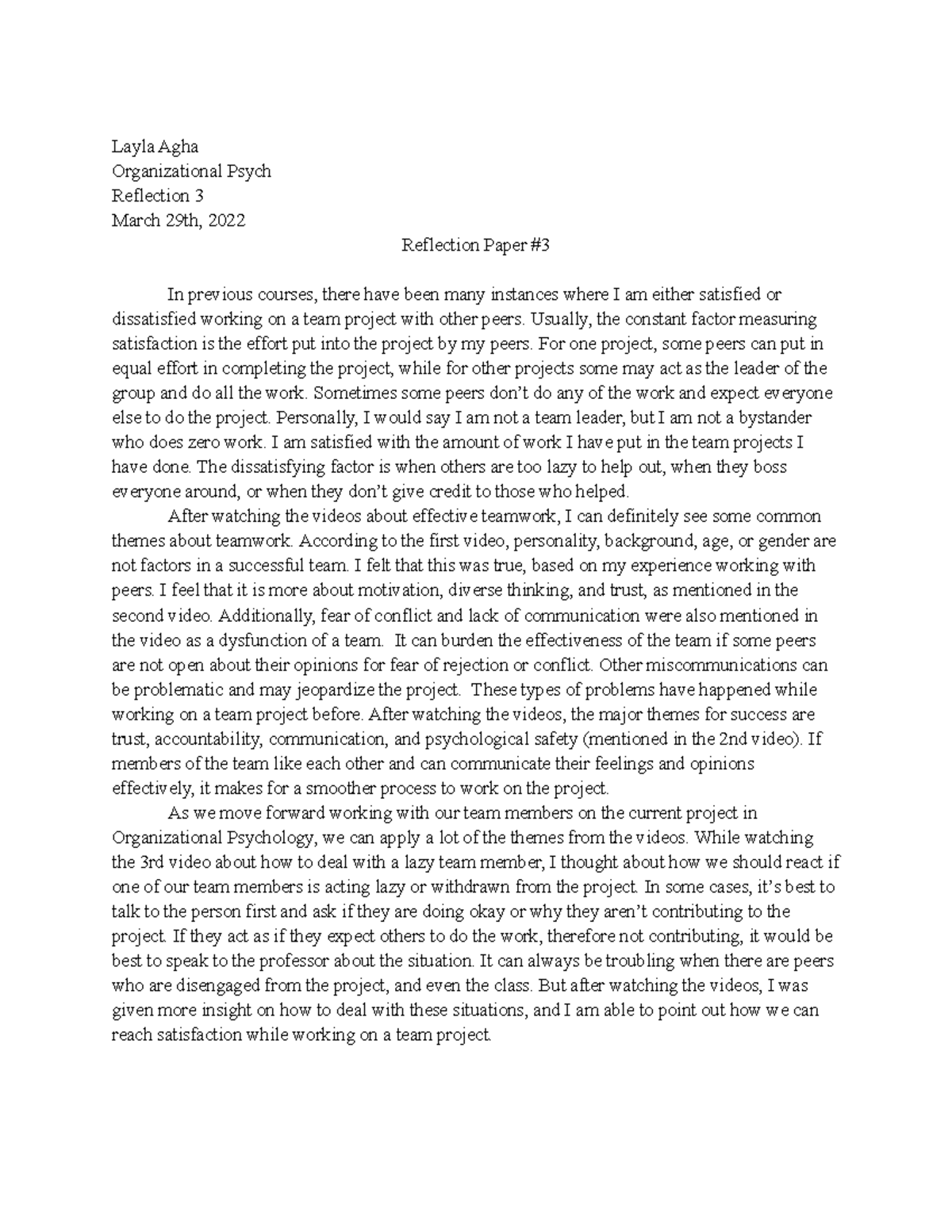 Reflection paper 3 - Layla Agha Organizational Psych Reflection 3 March ...