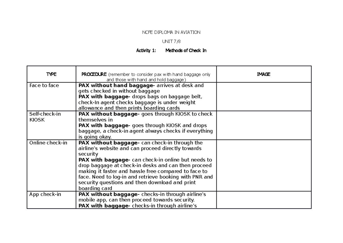 Activity 1 - methods of check in - NCFE DIPLOMA IN AVIATION UNIT 7 ...