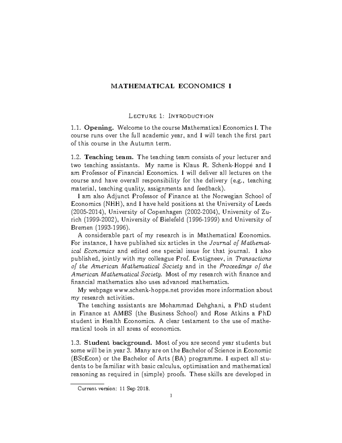 Lecture Notes Semester 1 Mathematical Economics I Lecture 1 Introduction 1 Opening Welcome