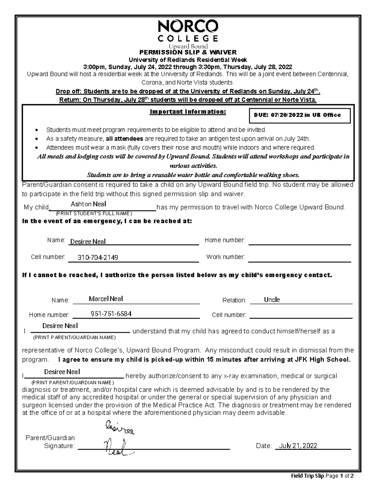 Ashton Neal - Redlands Field Trip Slip 07 - PERMISSION SLIP & WAIVER ...