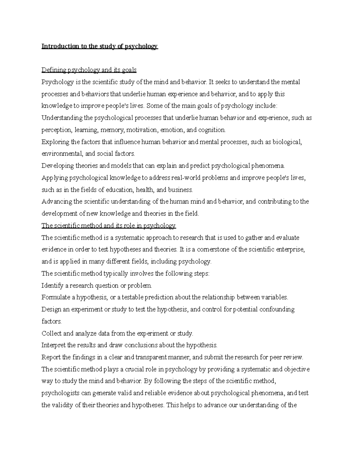 Psych - Introduction to the study of psychology Defining psychology and ...