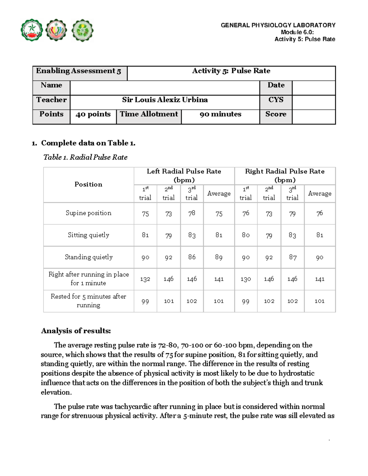 Pulse Rate Worksheet Module 6 Activity 5 Pulse Rate Enabling 