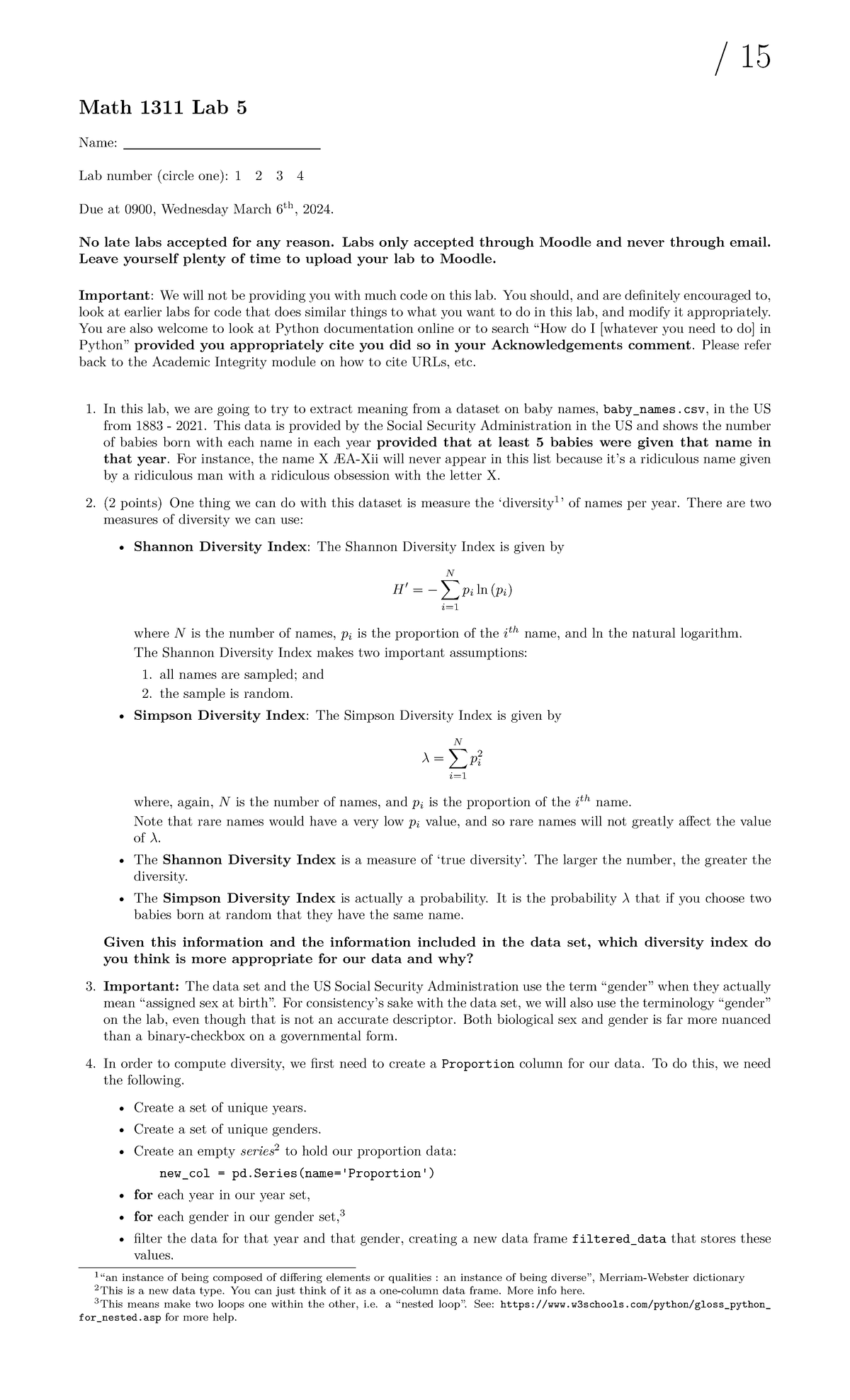 MATH1311 Lab5 - helpful - / 15 Math 1311 Lab 5 Name: Lab number (circle ...