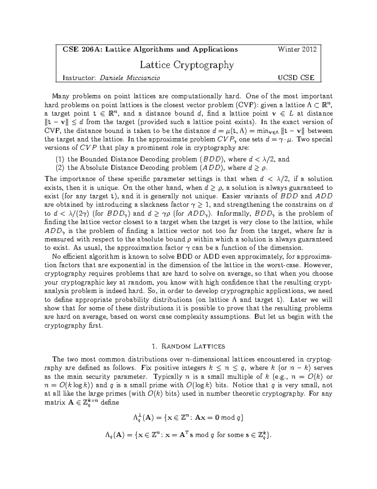 Lec4 - Manalo - CSE 206A: Lattice Algorithms and Applications Winter 2012 Lattice Cryptography ...