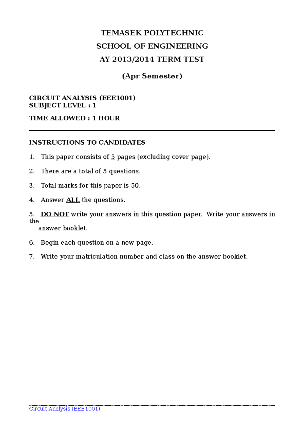 CKT Apr2013 Term Test - This document provides a list of questions and ...