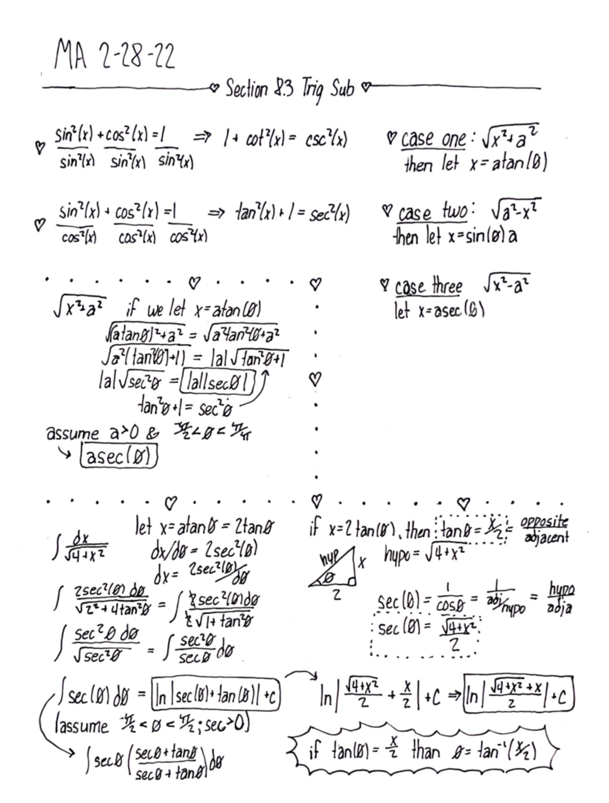 MA 2022-02-28 - Calculus B Notes - MA 2-28- Section 23 Trig Sub sin?(x ...