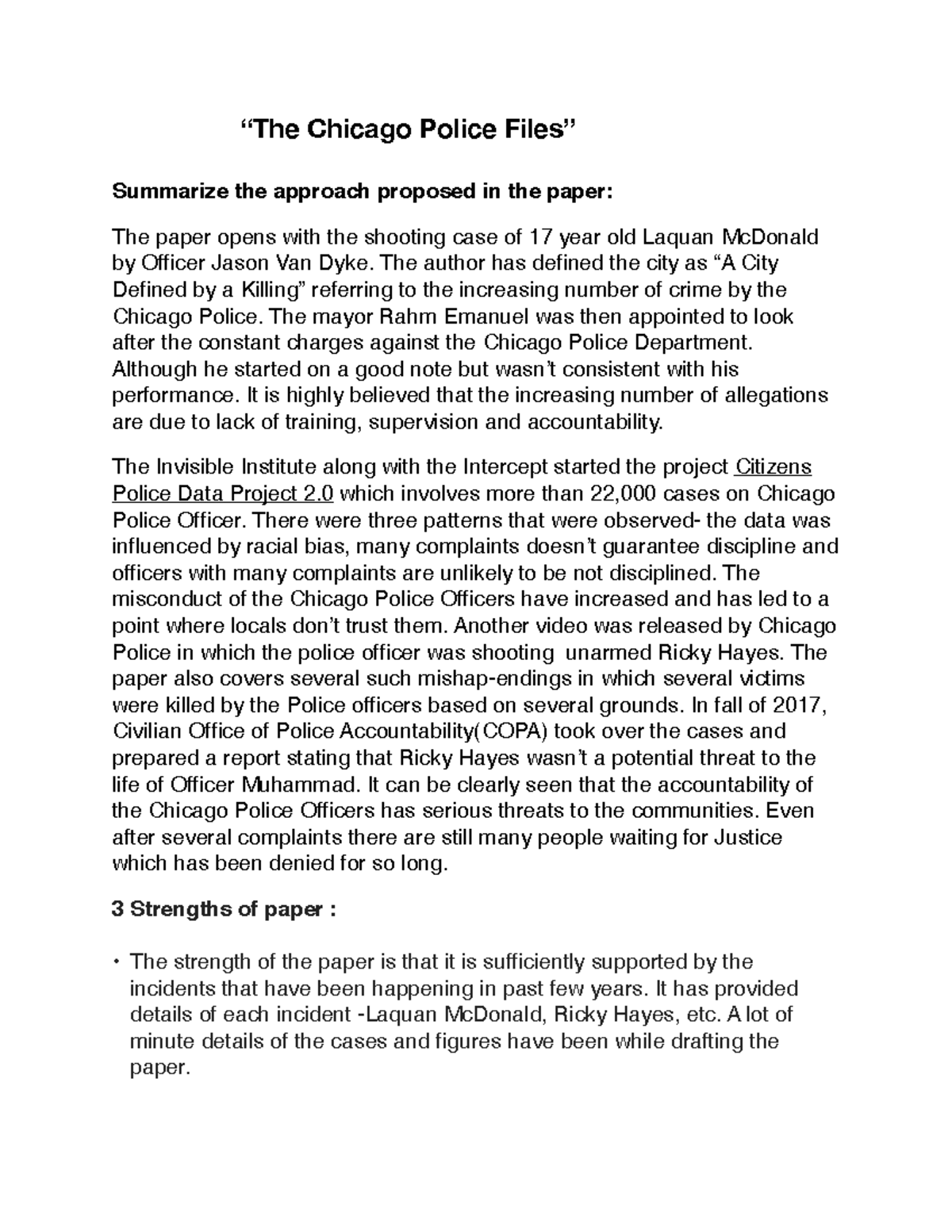 The Chicago Police Files - “The Chicago Police Files” Summarize the ...