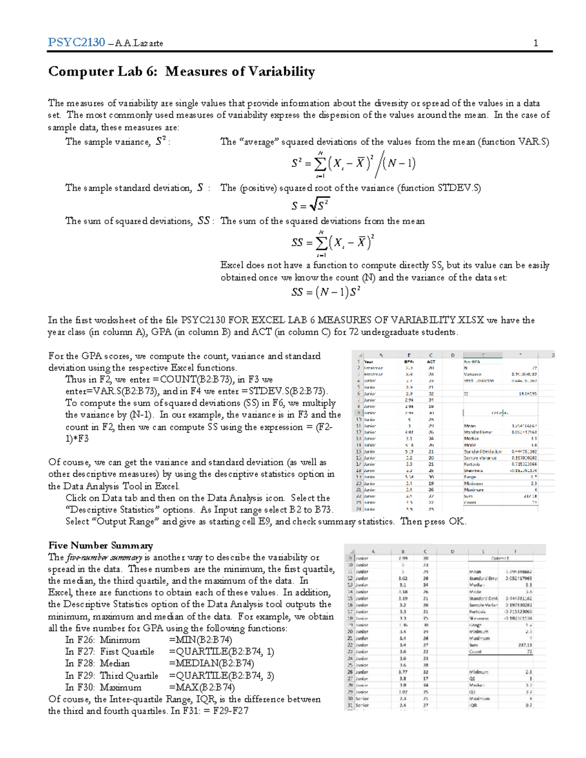 PSYC2130-Computer Lab 6- Measures of Variability - PSYC2130 – A.A 1 ...
