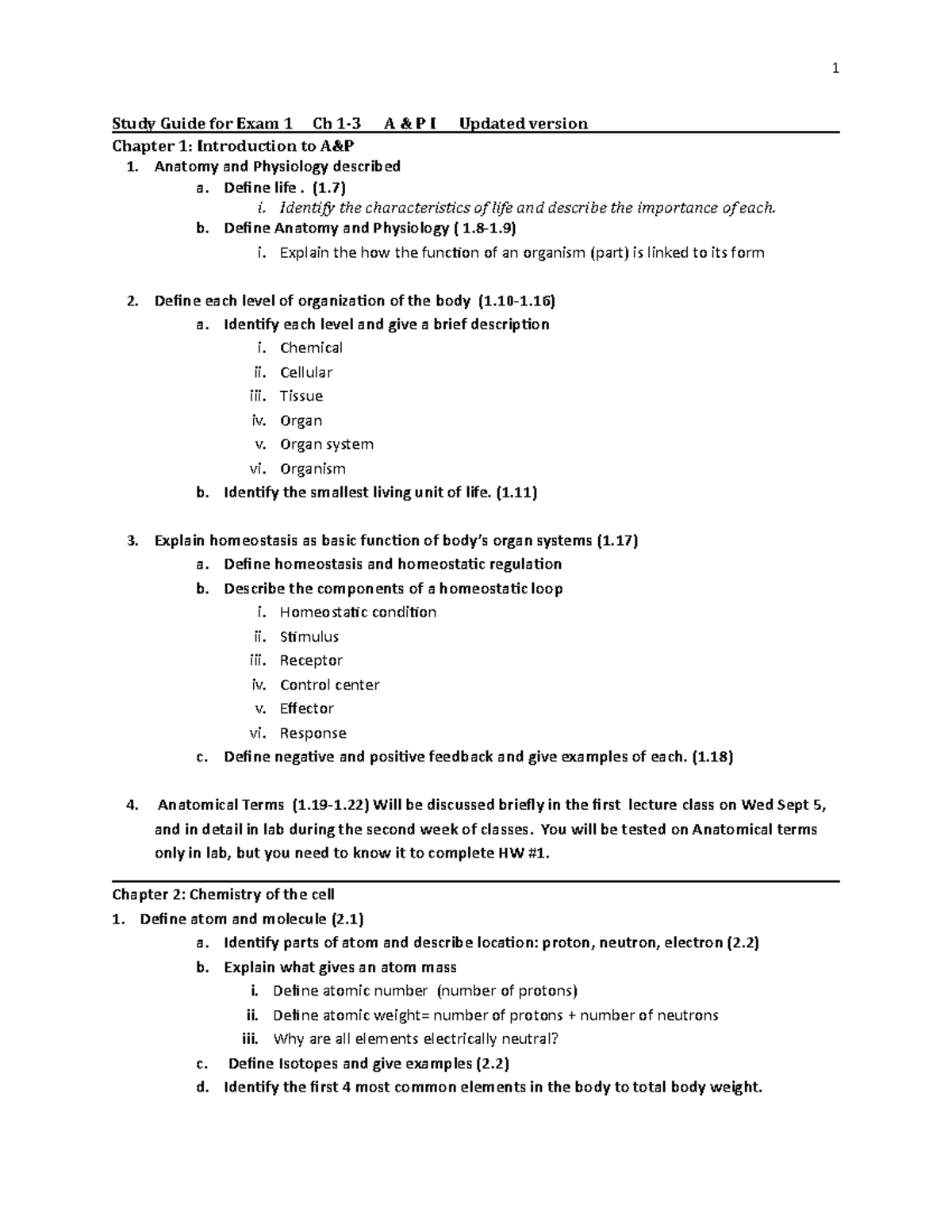 Study Guide for Exam 1 A & P I 2019 updated version - Study Guide for ...