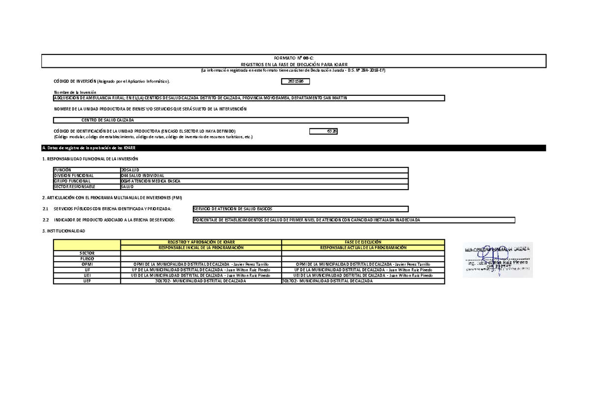 Formato 8C - CÓDIGO DE INVERSIÓN (Asignado por el Aplicativo Informático). 2631586 Nombre de la ...