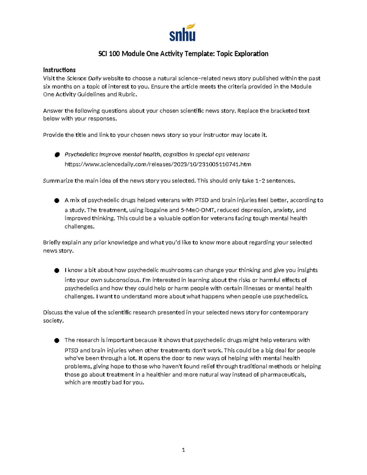 SCI 100 Module One Activity Template - Ensure the article meets the ...