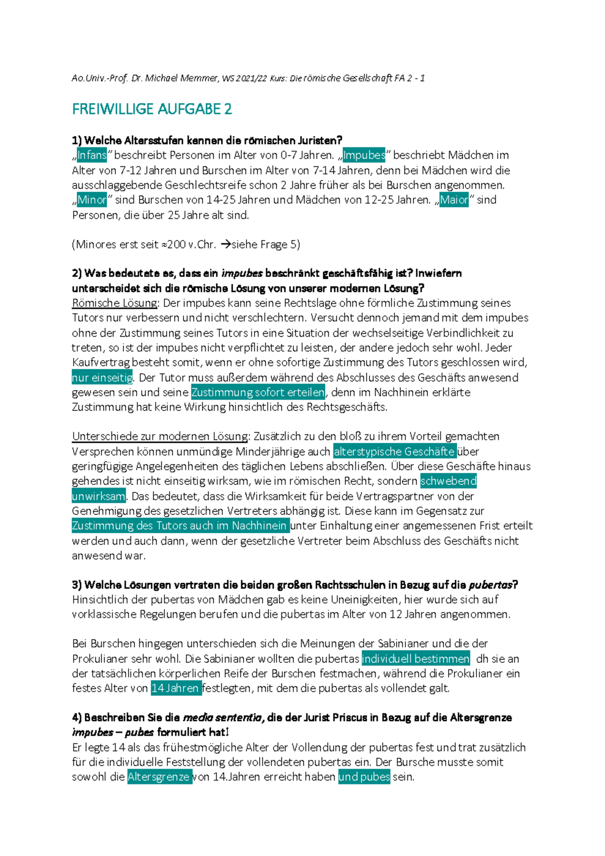 Römische Gesellschaft Abgabe 2 - Ao.-Prof. Dr. Michael Memmer, WS 2021/ ...