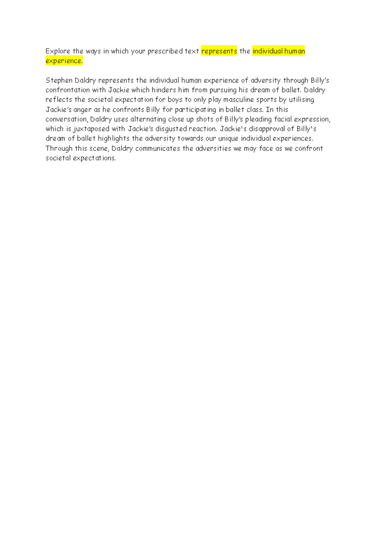 Billy Elliot Paragraph - Explore the ways in which your prescribed text ...