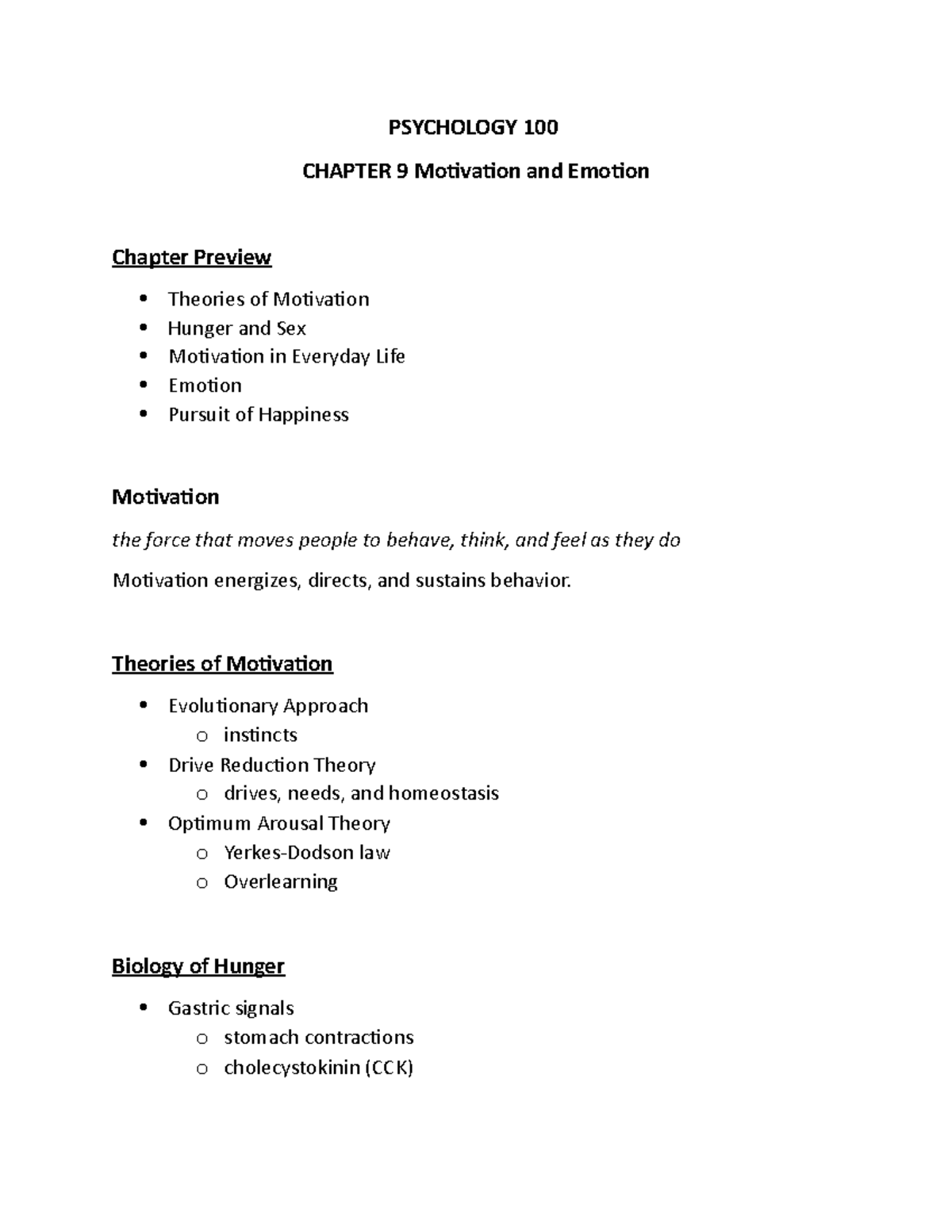 PSY 100 Chapter 9 Motivation and Emotion - PSYCHOLOGY 100 CHAPTER 9 ...
