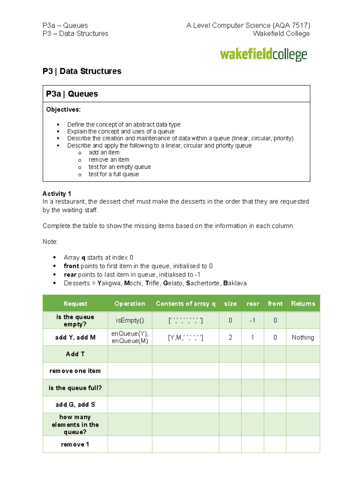 P3a - Activities - P3 – Data Structures Wakefield College P3 | Data ...