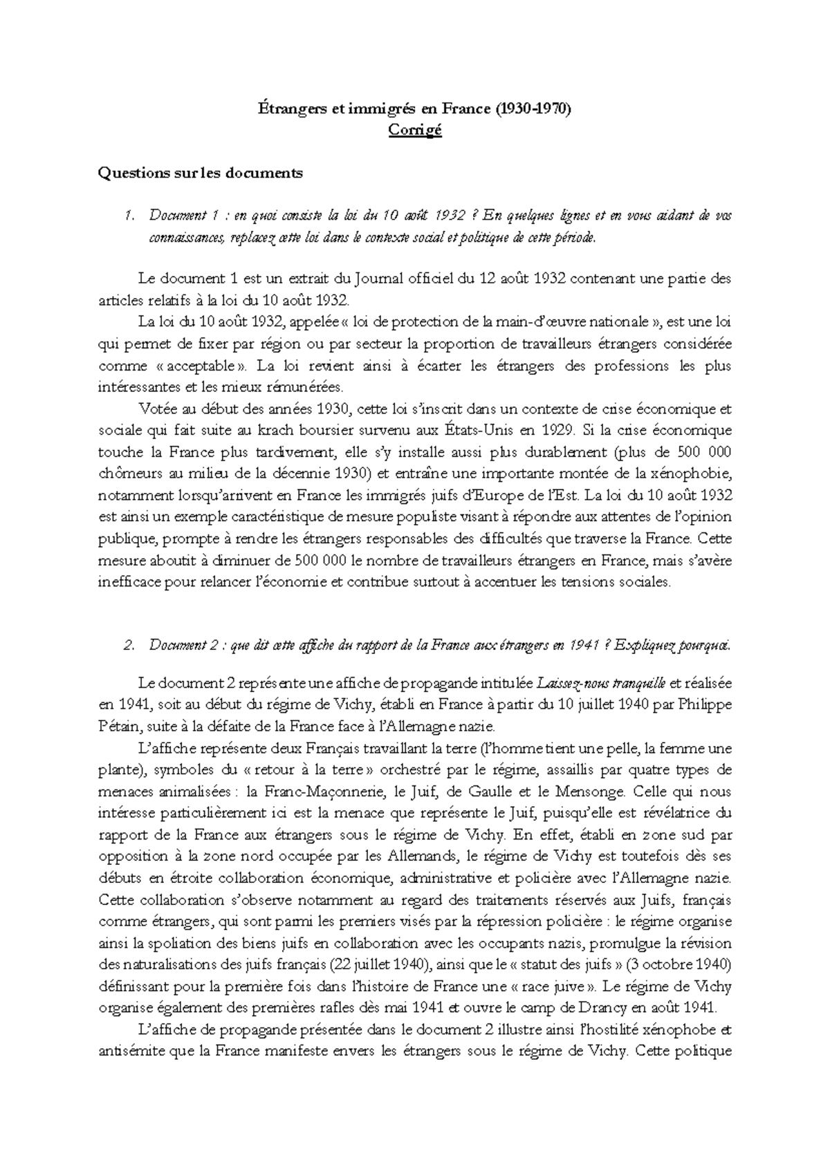 Étrangers et immigrés en France corrigé - Étrangers et immigrés en ...