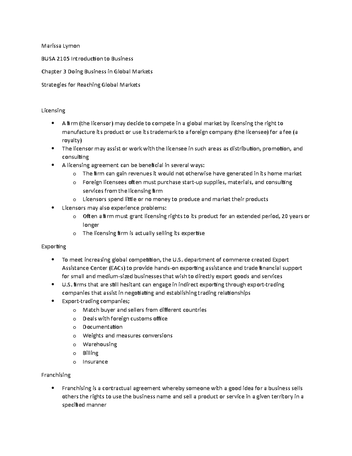 Strategies for Reaching Global Markets - Marissa Lymon BUSA 2105 ...