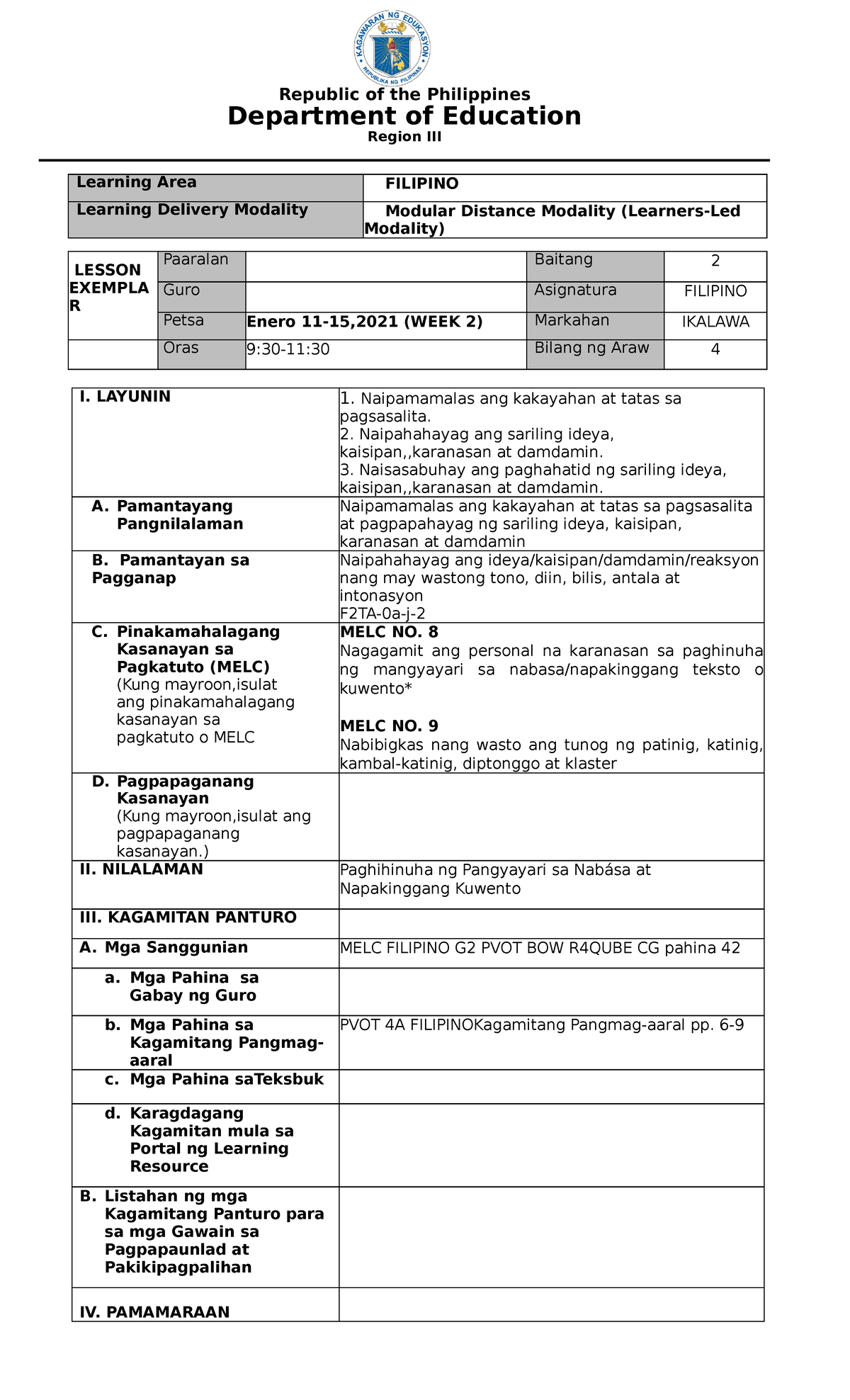L.E- Filipino 2 WEEK2 - lesson examplar - Department of Education ...