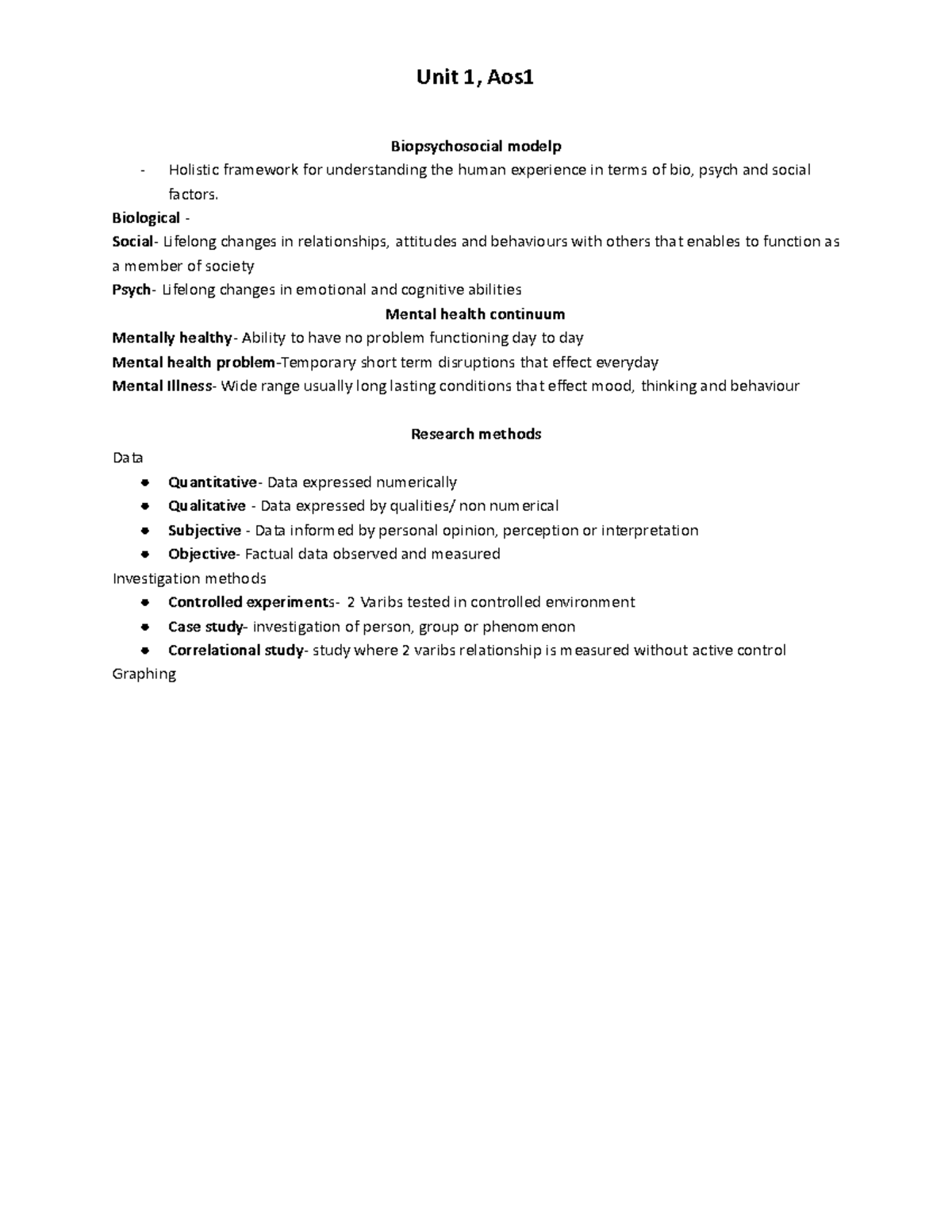 1 2 Psych Exam revision - Google Docs - Unit 1, Aos Biopsychosocial ...