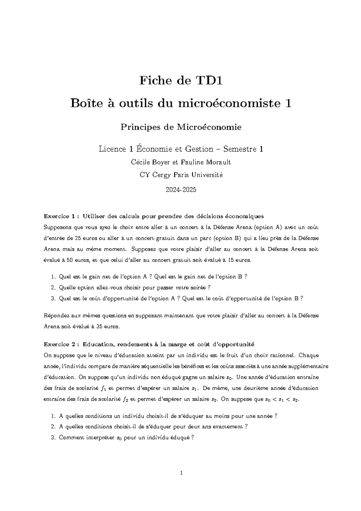 Fiche de TD1 - Fiche de TD Boˆıte `a outils du micro ́economiste 1 Principes de Micro ́economie ...