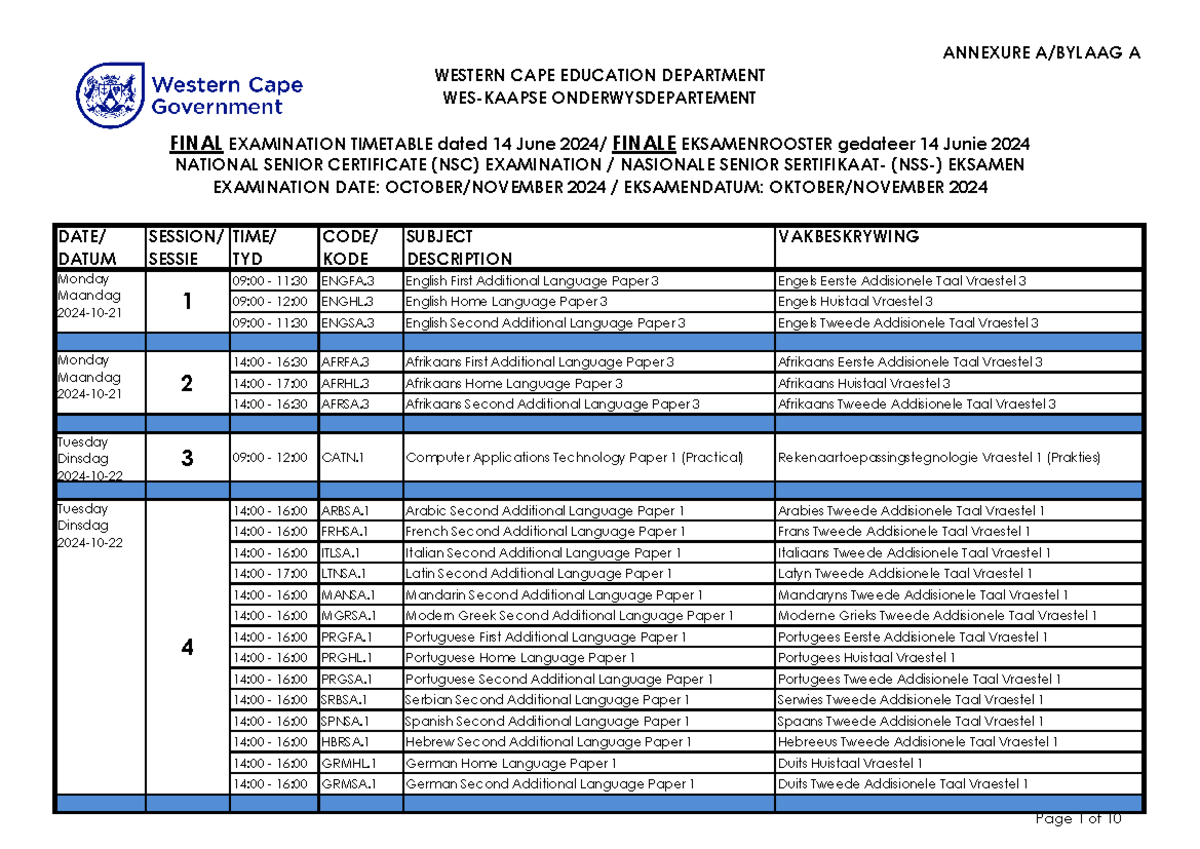 Annexure A 2024 NSC Timetable Finaal - DATE/ SESSION/ TIME/ CODE ...