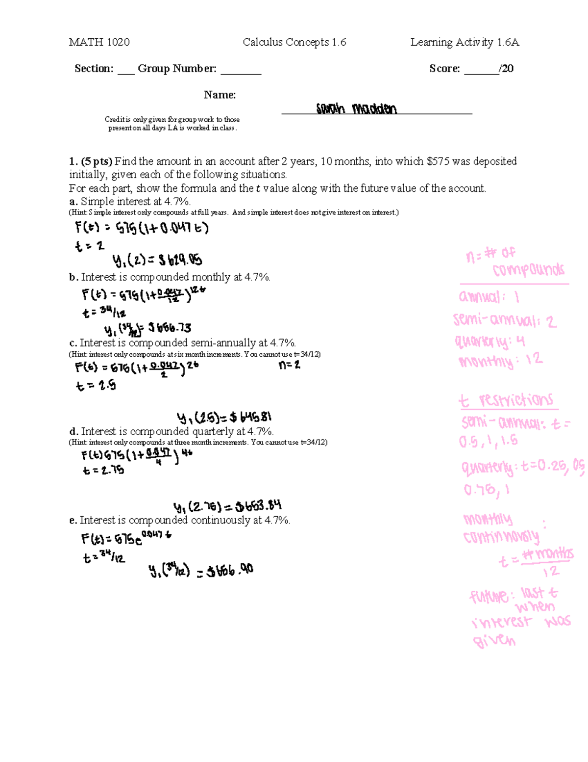1.6 LA Day 1 - 1.6 LA #1 - MATH 1020 Calculus Concepts 1. 6 Learning ...