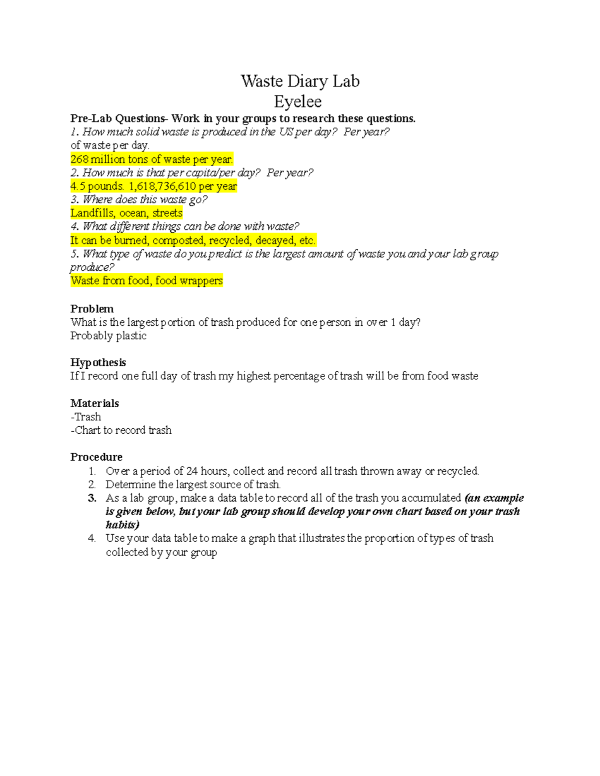 Waste+Diary+Lab - Lab about waste - Waste Diary Lab Eyelee Pre-Lab ...