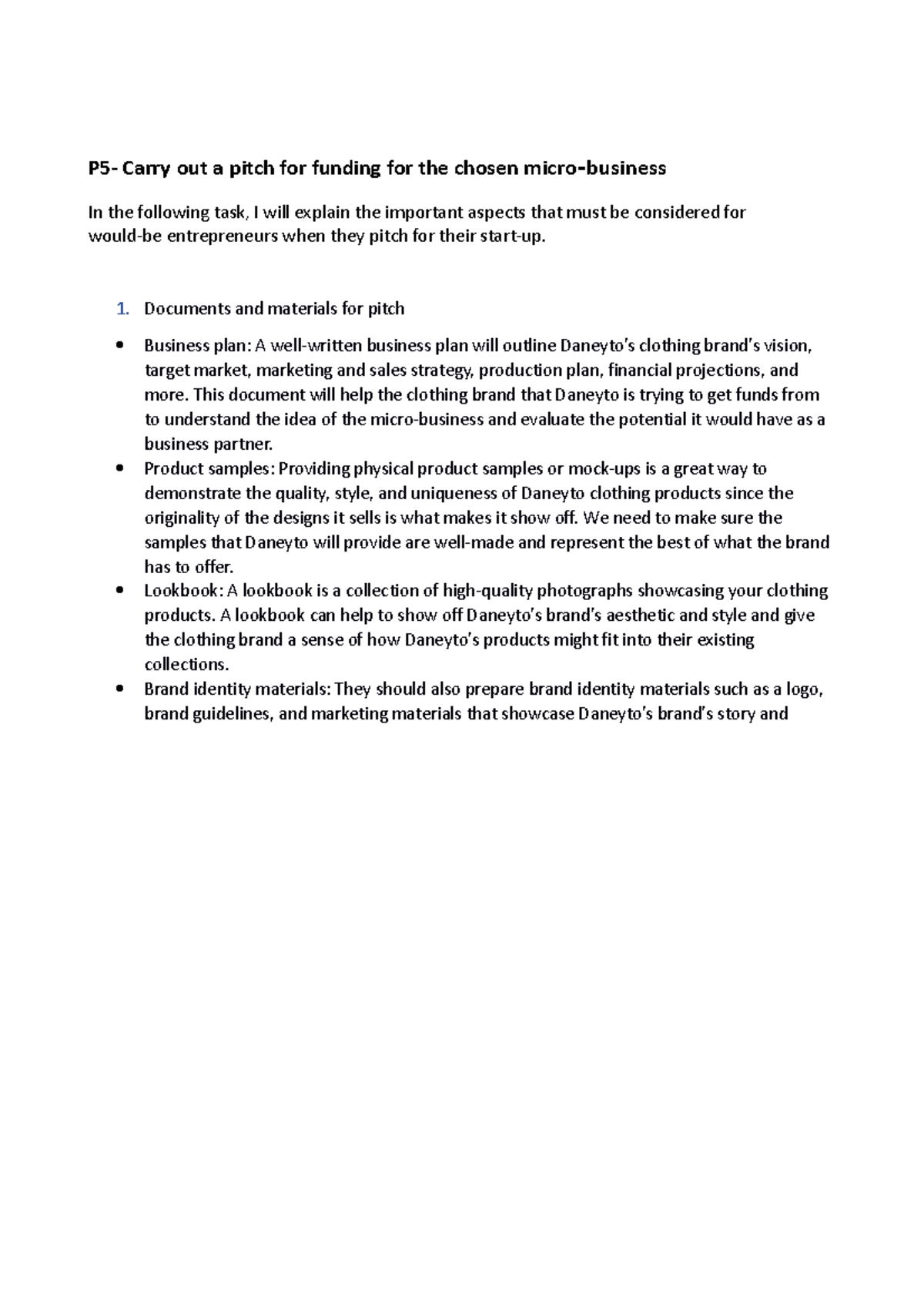 P5 task unit 19 - P5- Carry out a pitch for funding for the chosen ...