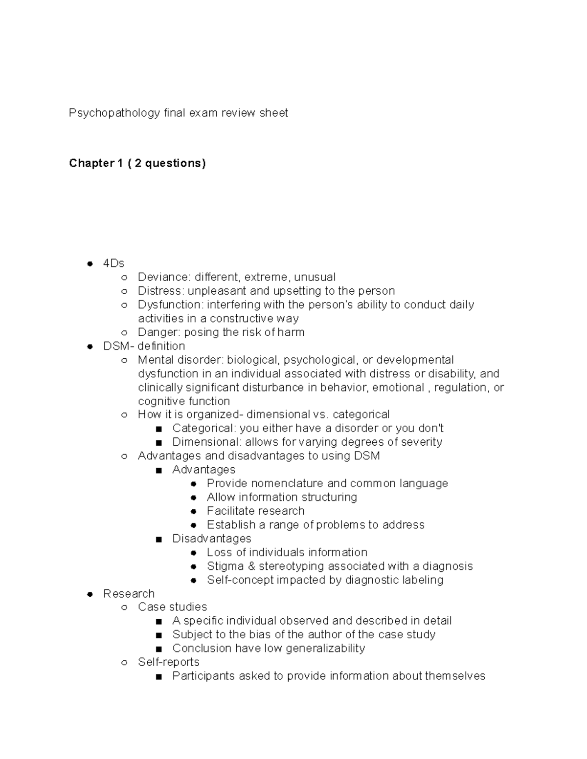 Psychopathology Exam 3 - Psychopathology final exam review sheet ...